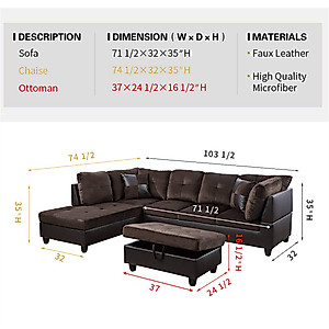 A Ainehome 3 PCS Sectional Sofa Set, L-Shaped Sectional Couch 103" W for Living Room, with Storage Ottoman and Matching Pillows (Left Hand Facing, Chocolate)
