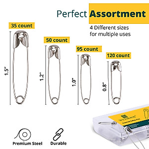 Wenrook Safety Pins Assorted 4-Size Pack of 150 - Strong Nickel Plated Steel, Rust Resistant, Heavy Duty Variety Pack, Perfect for Clothes, Crafts, Sewing, Pinning and More