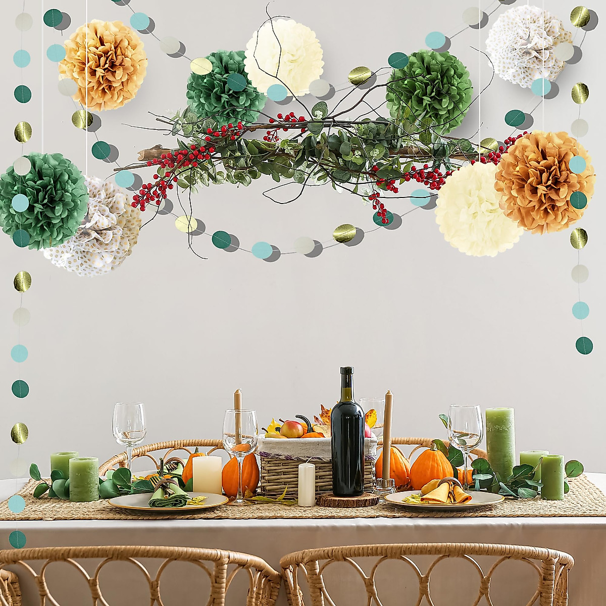 MEIYKO 15PCS Sage Green Tissue Paper Pom Poms with Paper Garland String Hanging Backdrop for Jungle Safari Woodland Baby Shower, Bridal Shower, Wedding Shower, Engagement, Birthday Party Decorations