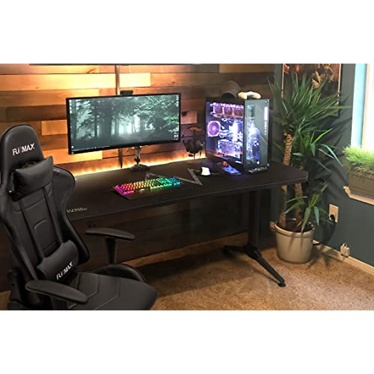 Furmax Gaming Desk T-Shaped Pc Computer Table with Carbon Fiber Surface Free Mouse Pad Home Office Desk Gamer Table Pro with Game Handle Rack Headphone Hook and Cup Holder (Black, 55 Inch)