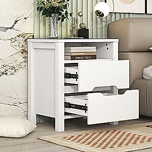 Modern Nightstands with Wireless Charging and Adjustable LED, Wooden End Side Table with 2 Storage Drawers and Open Shelf, Bedside Table for Bedroom Living Room Office, White