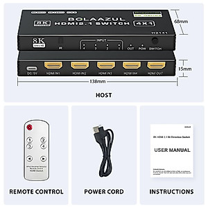 8K HDMI 2.1 Switch 120Hz 4K 4 in 1 Out, BolAAzuL 8K@60Hz HDMI 2.1 Splitter Switcher Selector Box 4-Port with Remote 4K 120Hz 2K 144Hz, HDMI 4x1 HDR, 48Gbps, CEC, Dolby Vision, for Xbox Series X PS5