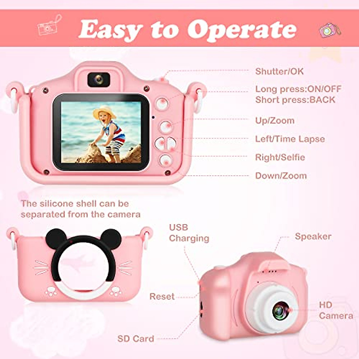 Kids Camera,HD Digital Video Camera with Protective Silicone Cover, Children Toys for 3 4 5 6 7 8 9 Year Old Boys/Girls,Selfie Camera for Kids,3-12 Year Old Birthday Gifts with 32GB SD Card