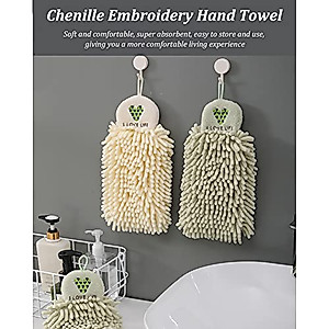 4 Pack Chenille Hand Towel with Hanging Loops, Soft Absorbent Microfiber Embroidery Hanging Hand Towels Plush Quick-Drying Chenille Ball Hand Towels for Bathroom Kitchen (Light Green + Beige)