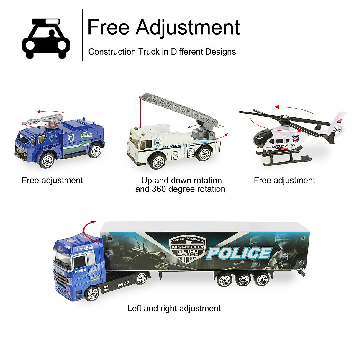 Joyfia 10 in 1 Police Toys, Die-cast Police Patrol Rescue Truck, Mini Police Vehicles in Carrier Car Toy Playset for 3+ Years Old Kids Boys Girls