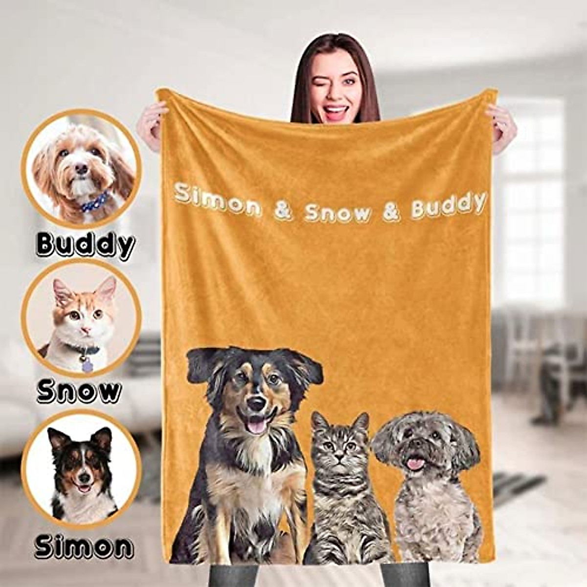 VEELU Personalized Dog Portrait Throw Blanket - Custom Blanket with Photo Text Name, Customized Flannel Fleece Blanket Picture Gift for Cat Pet Women Men Family Birthday