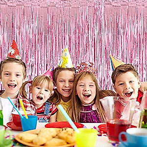 Pink Fringe Backdrop Curtain for Party Decorations - 6.5 x 6.5ft, Pack of 2 | LILF Pink Tinsel Backdrop for Pink Streamers Party Decor | Pink Foil Curtain for Birthday Party Photobooth Props