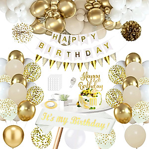 GYESXYW White and Gold Party Decorations, Sandy White Golden Birthday Decorations, Happy Birthday Banner, White Gold Birthday Sash and Confetti Balloons Birthday Decor for Women Girls Men Boys