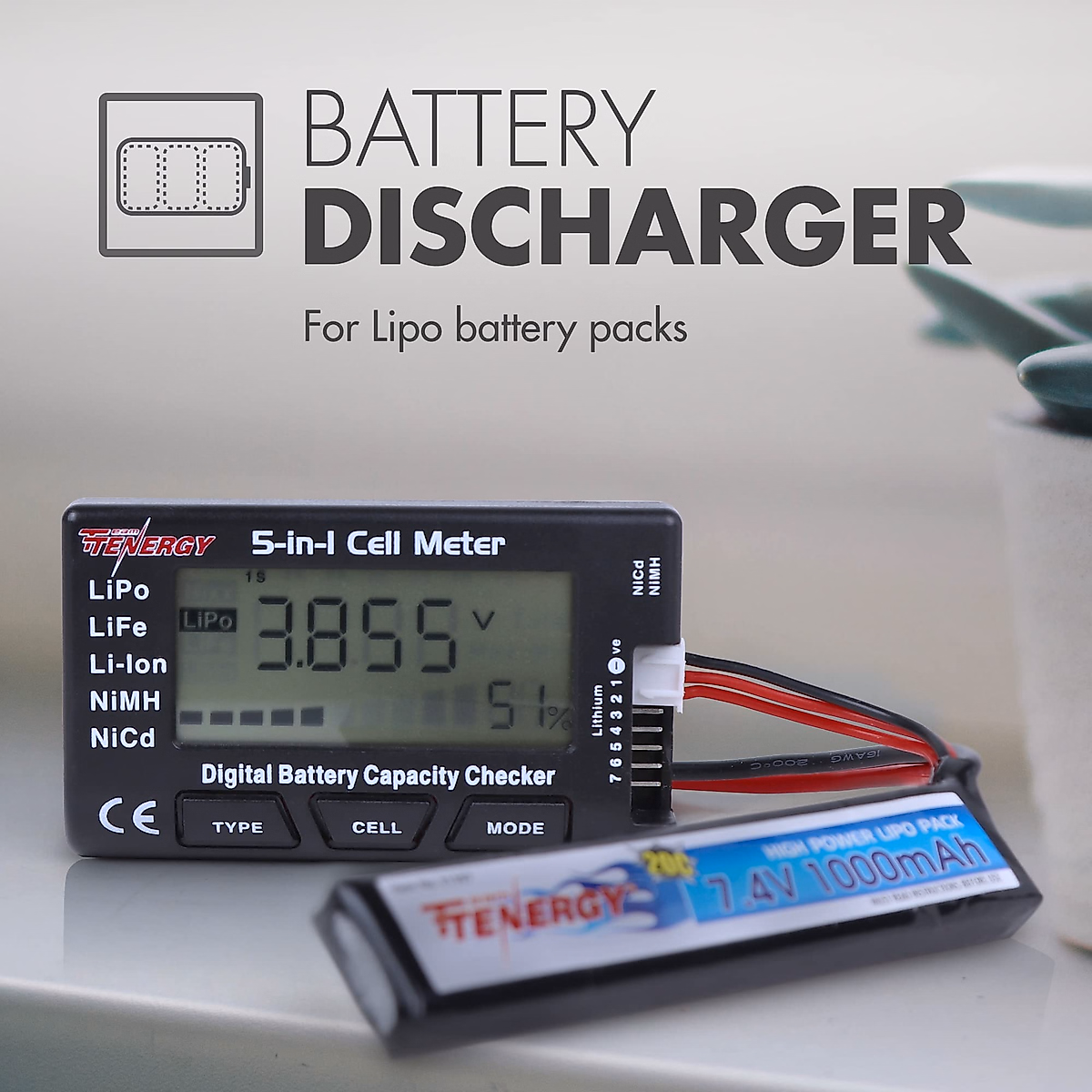 Tenergy 5-in-1 Battery Meter, Intelligent Cell Meter Digital Battery Checker/Balancer for LiPo / LiFePO4 / Li-ion/NiCd/NiMH Battery Packs