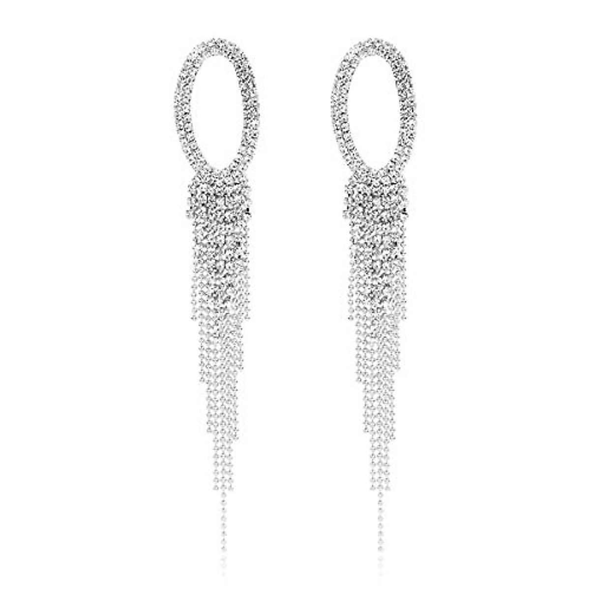 RIAH FASHION Sparkly Rhinestone Chandelier Drop Statement Earrings - Bridal Wedding Crystal Cubic Dangles Cascade, Teardrop, Fringe Tassel, Waterfall Duster (Oval Waterfall - Silver)