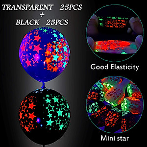 Chivao 50 Pieces Neon Glow Balloons Neon Stars Glow in Blacklight Black Light Fluorescent Mini Stars Party Balloons Neon Latex Balloons for Birthday Wedding Arch Party Decoration (Black, Clear)