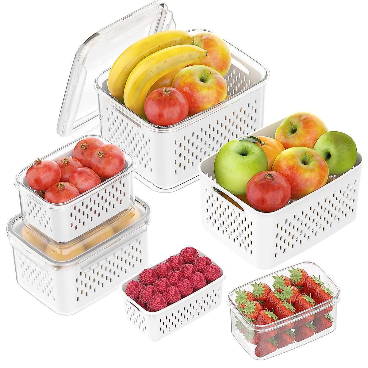 HILETY 4 PCS Fruit Storage Containers for Fridge with Removable Colander, Dishwasher Safe Produce Saver Container for Refrigerator,Airtight Food Storage Container