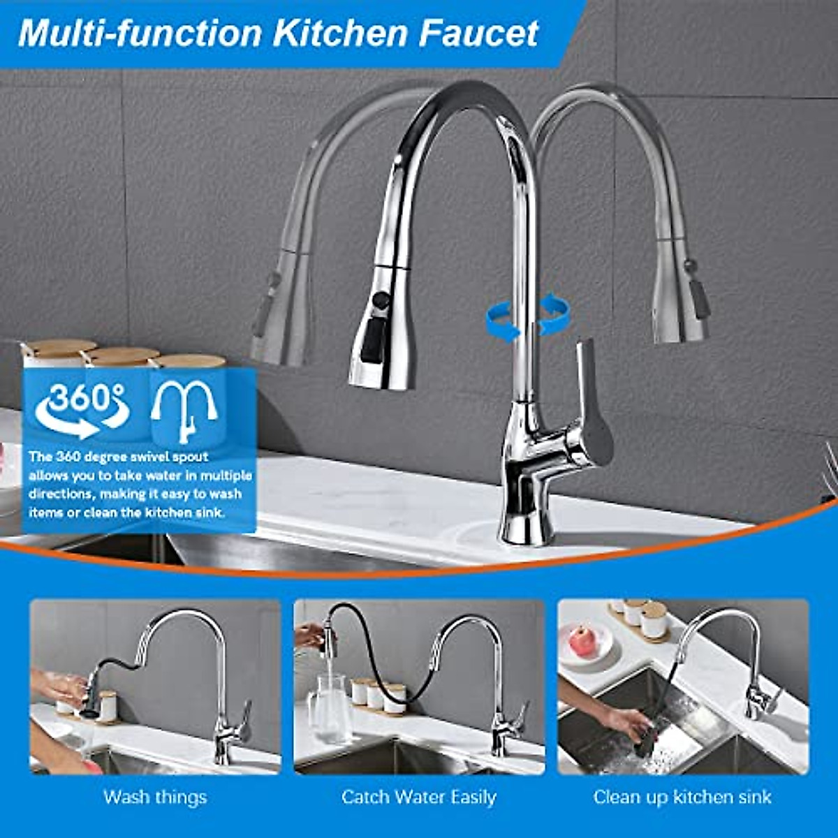 Fulgutonit Pull Out Kitchen Faucet, High Arc Single Handle Kitchen Sink Faucet with 3 Modes Pull Down Sprayer, Kitchen Sink Faucet for Bar Laundry RV Utility Sink, Chrome