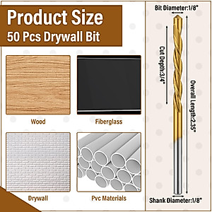 Tondiamo 50 Pcs Drywall Bits 1/8" Titanium Nitride Drill Bits Drywall Guide Point Cutting Bits Diameter Drywall Bit High Speed Steel Drywall Tools Accessories for Use with Spiral Saw