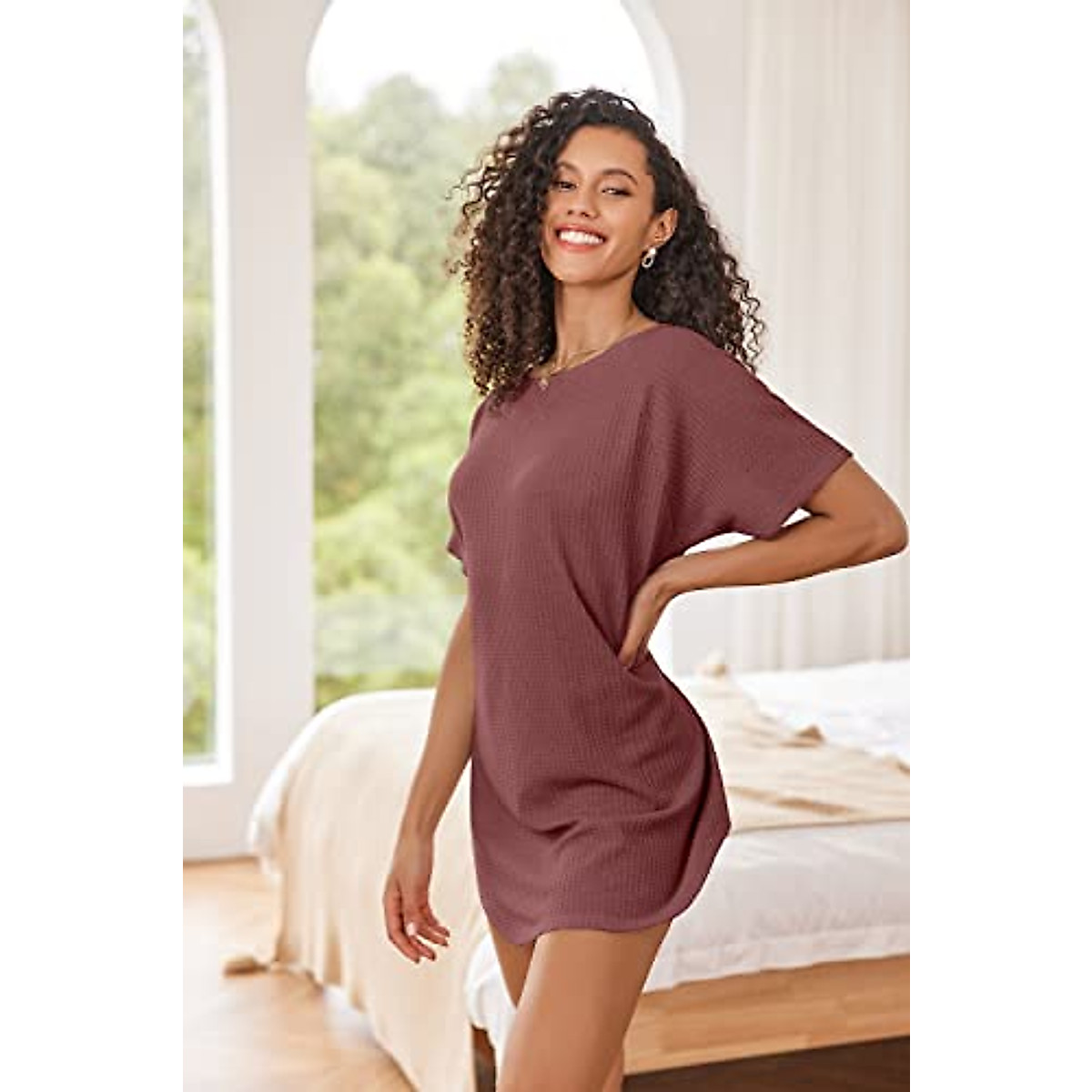 Ekouaer Women Cover Ups for Soft O Neck Beach Pajamas for Women Short Sleeve Shirt Coverup Purplish Red S