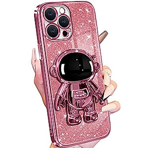 Buleens for iPhone 12 Pro Max Case Astronaut, Clear Cases for iPhone 12 Pro Max with Glitter Paper & Spaceman Stand, Women Girls Cute Electroplated Sparkly Space Phone Cover for 12 Promax