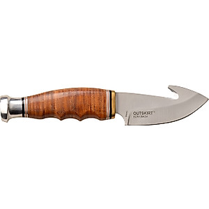 Elk Ridge - Outdoors OUTSKIRT Fixed Blade Knife - 8.25-in Overall, Satin Finish Stainless Steel Gut Hook Blade, Stacked Leather Handle, Includes Leather Sheath, Hunting, Camping, EDC - ER-200-29LBR