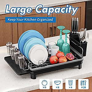Ewaiira Dish Racks for Kitchen Counter,Large Capacity Dish Drying Rack,Black Dish Drying Rack with drainboard, Cup Holder, Utensil Holder