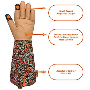 SAVJOB Gardening Gloves for Men&Women,Goatskin Leather Thorn Proof Garden Gloves with Touchscreen,Work Gloves,Gardening Gifts,Brown,Large