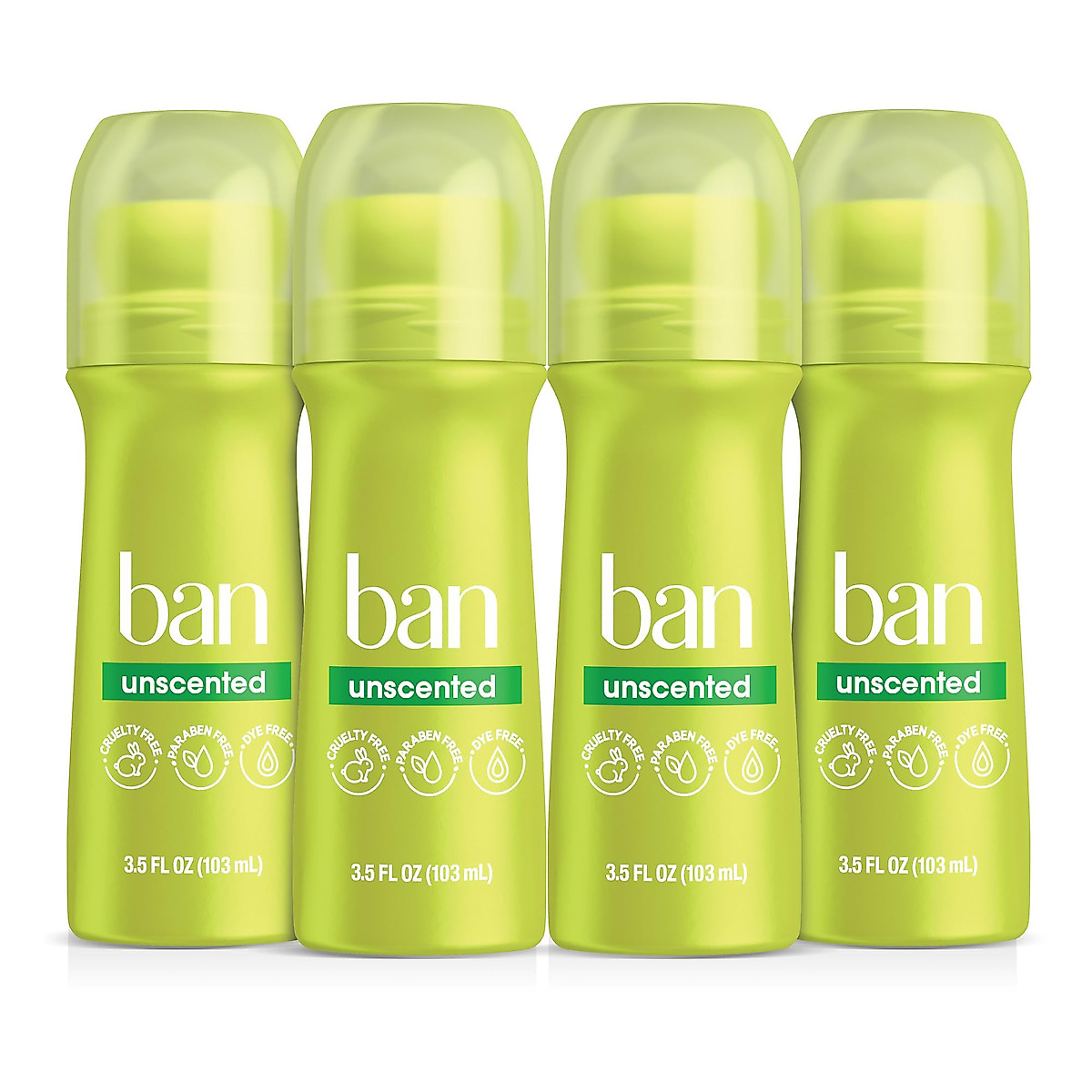Ban Original Unscented 24-hour Invisible Antiperspirant, 3.5oz Roll-on Deodorant, 4-pack, Underarm Wetness Protection, with Odor-fighting Ingredients