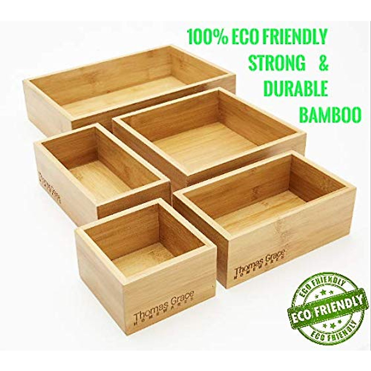 Thomas Grace Homewares 5-Piece Bamboo Storage Box & Organizer Set Multi-sized Set of 5 Drawer Dividers Organizer Boxes for kitchen, office, jewellery, junk, cosmetic, bath, bedroom or Gift.