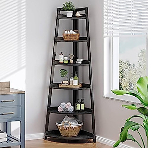 Rolanstar Corner Shelf, 6 Tier Modern Corner Bookshelf Industrial Corner Ladder Shelf Plant Stand for Display Rack for Living Room, Home Office, Bathroom, Small Space, Black