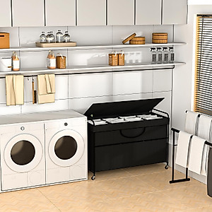 YKDIRECT 240L Large Laundry Hamper, 4 Compartment Laundry Basket with Lid, Removable Bag & Metal Structure with Industrial Wheels, Suitable for Bathroom, Dorm Room, Laundry Room (Black, 240L)