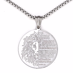 UTHOSMDO Be Strong Lion Bible Cover - Joshua 1:9, Engraved English Bible Lords Stainless Steel Necklace (Silver)