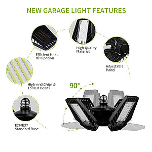 Pinegreen Lighting Led Garage Light, 100w 12000lm Garage Ceiling Lights, 6500k E26/E27 Led Shop Light with 4 Adjustable Panels for Garage Workshop Warehouse Basement High Bay Light