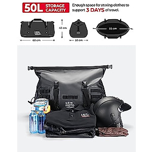KEMIMOTO Motorcycle Dry Bag 50L, 500D PVC Waterproof Duffel Bag Motorcycle Luggage Travel Tail Bag Back Seat Rack Trunk Bag Comapatible with Touring Adventure for Motorcycle Trip Camping Rainproof