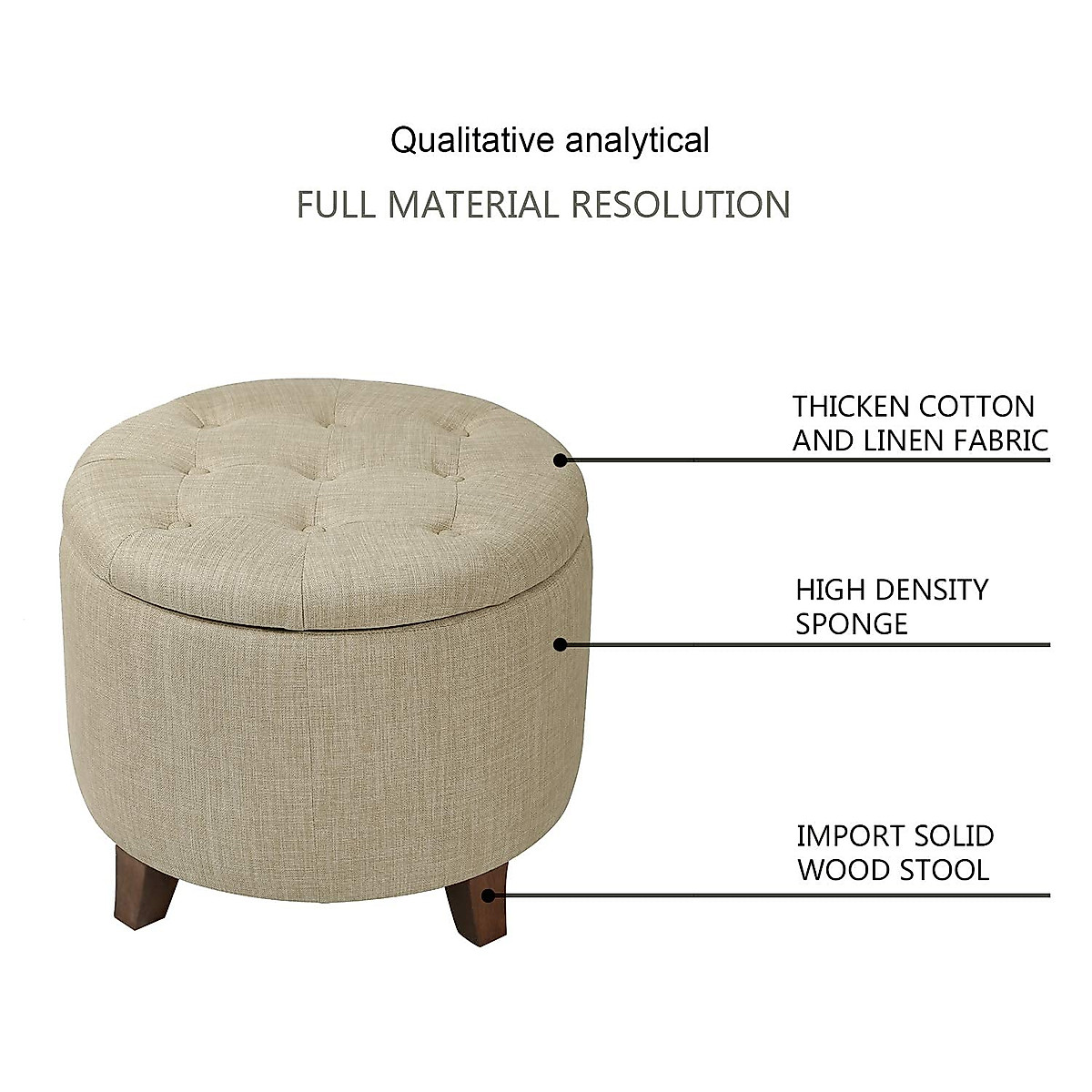 DECO DE VILLE Round Footstool Storage Ottoman, Cushion Button Tufted Linen Fabric Ottoman with Removable Lid, 20", Beige