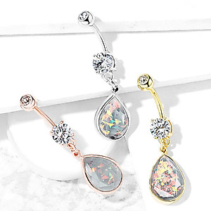 Amelia Fashion 14GA Rainbow Glitter Opalite Stone Dangle Belly Button/Navel Ring 316L Surgical Steel (Choose Color) (Gold/Clear)