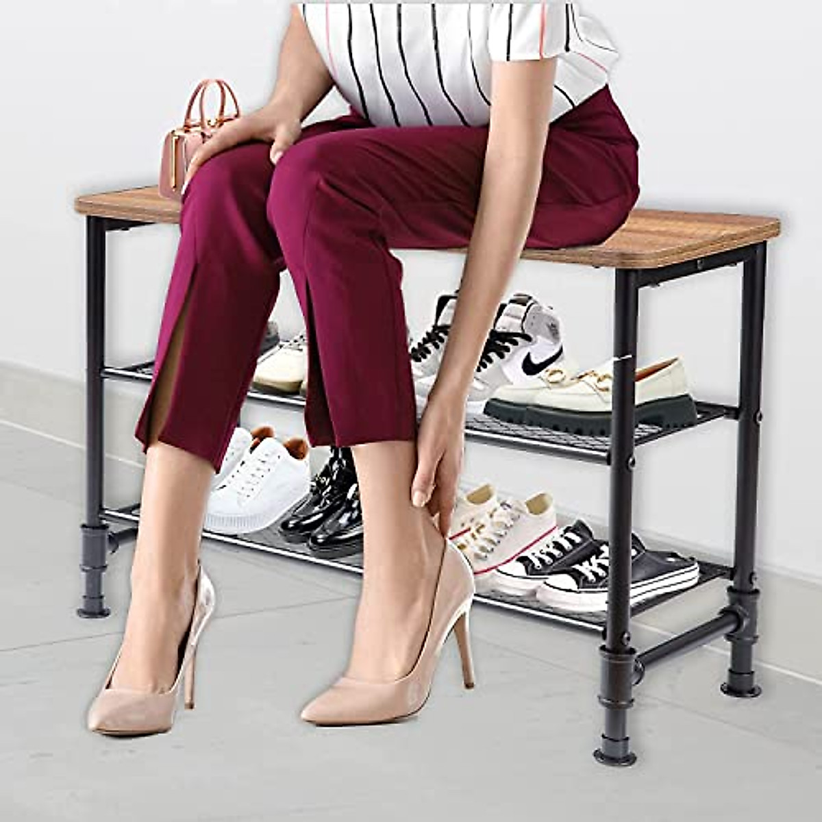 TEAKMAMA 3-Tier Shoe Bench, Shoe Rack, Shoe Shelf Storage Bench with Metal Mesh Shelves and Seat, Wood Free Standing Shoe Organizer for Entryway, Outdoor, Living Room