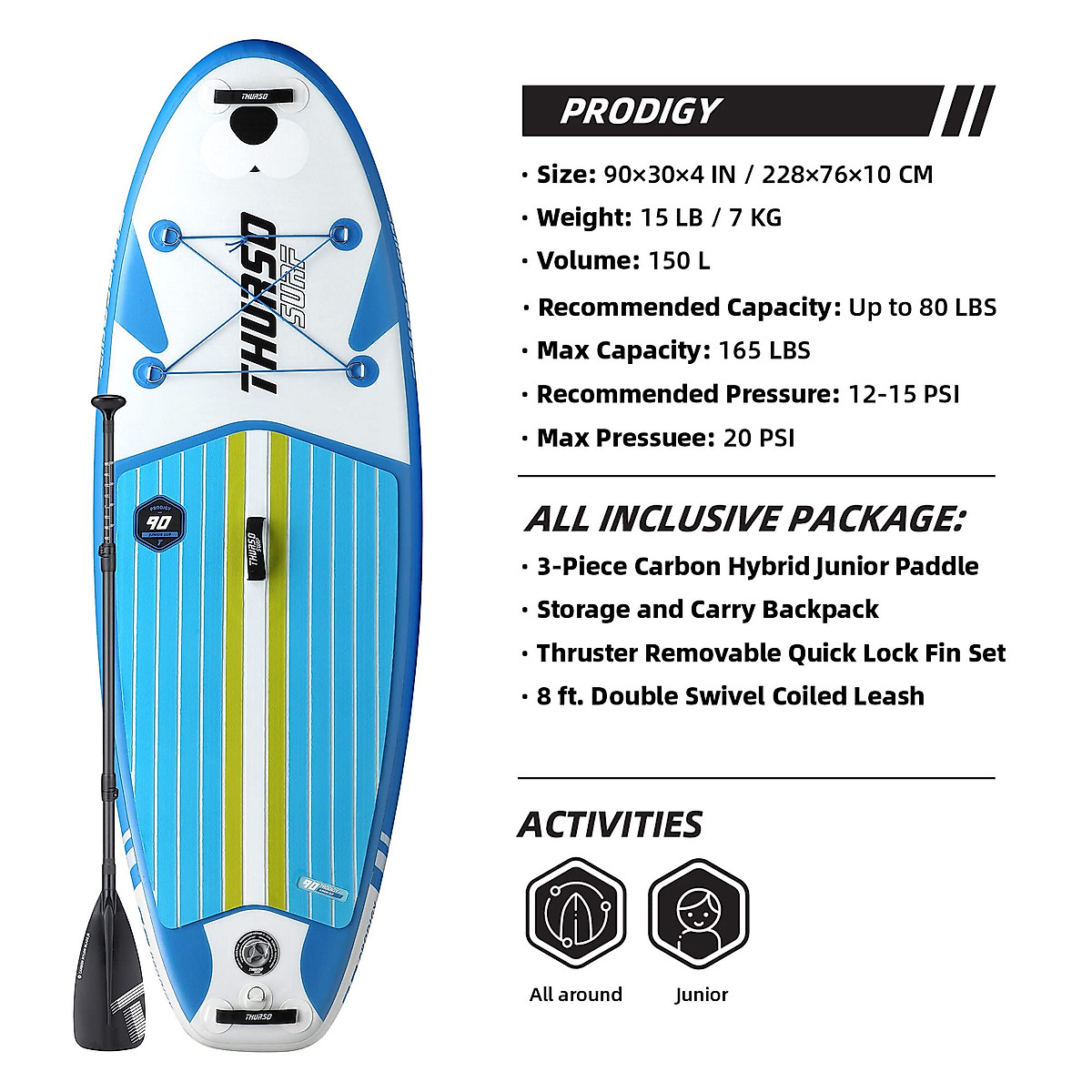 THURSO SURF Prodigy Junior Kids Inflatable SUP Stand Up Paddle Board 7'6 x 30'' x 4'' Two Layer Includes Adjustable Carbon Shaft Paddle/3 Fins/Leash/Duffle Bag/NO Pump Included (Azure)