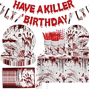 MEHOFOND Have a Killer Birthday Decoration, 194PCS Halloween Scream Party Tableware Decorations Include Killer Banner Bloody Hand Print Plates Napkins Tablecloth for Horror Themed Birthday Supplies