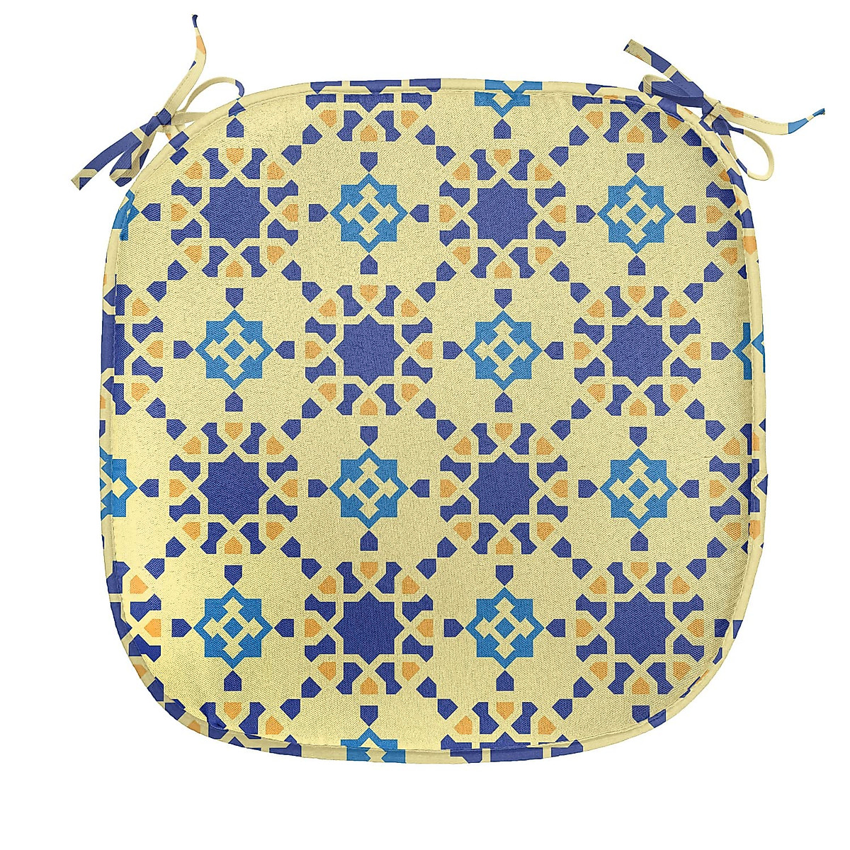 Ambesonne Ethnic Chair Seating Cushion Set of 8, Moroccan Ceramic Motif with Persian Folk Effects Antique Design, Anti-Slip Seat Padding for Kitchen & Patio, 16"x16", Violet Blue Yellow