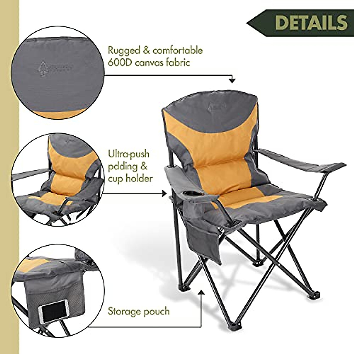 ARROWHEAD OUTDOOR Portable Folding Camping Quad Chair w/Added Ultra-Comfortable Padding, Cup-Holder, Heavy-Duty Carrying Bag, Padded Armrests, Supports up to 330lbs, USA-Based Support (Tan & Gray)
