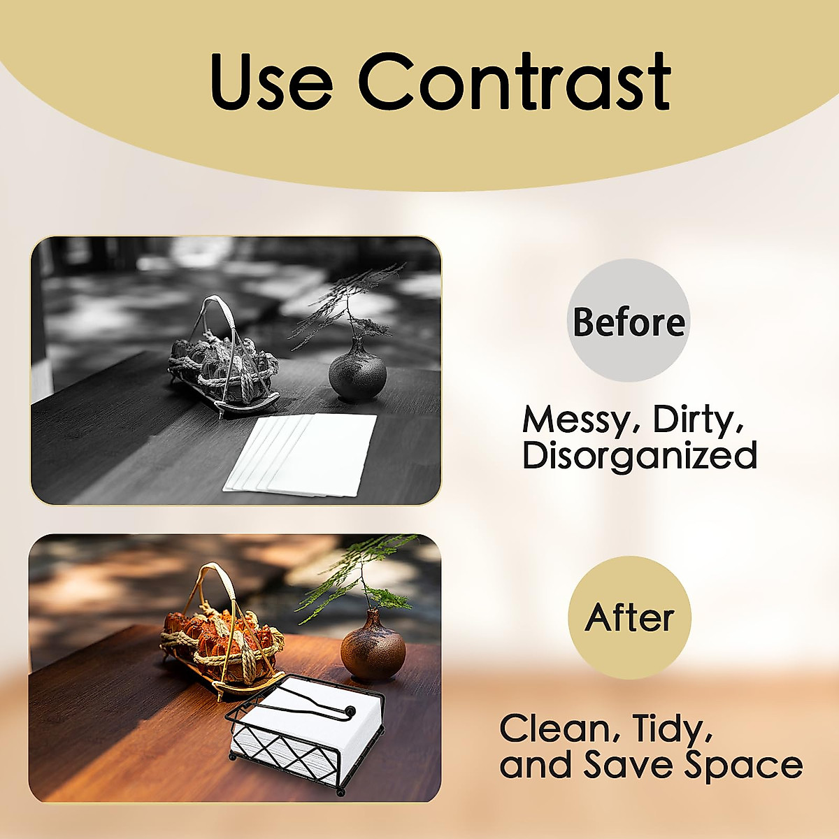 Napkin Holder for Table, Square Paper Napkin Holders with Weighted Arm, Elegant Rustic Metal Modern Napkin Holder for Kitchen, Countertops & Outdoor Tables, Dining Room (Black)