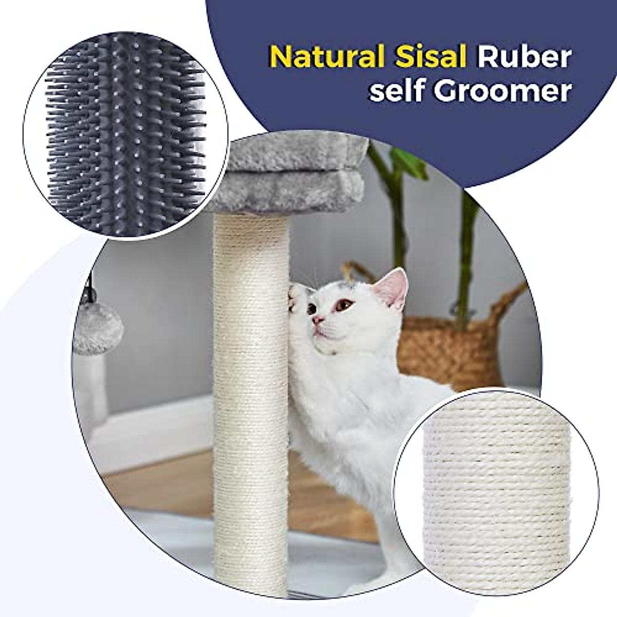 MeowSir Cat Tree 4 in 1 Cat Scratching Post Featuring with Cat Self Groomer Wide Large Top Perch Natural Scratching Post and Danging Ball for Indoor Cats-Grey