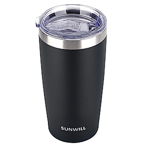 SUNWILL 20oz Tumbler with Lid, Stainless Steel Vacuum Insulated Double Wall Travel Tumbler, Durable Insulated Coffee Mug, Powder Coated Black, Thermal Cup with Splash Proof Sliding Lid