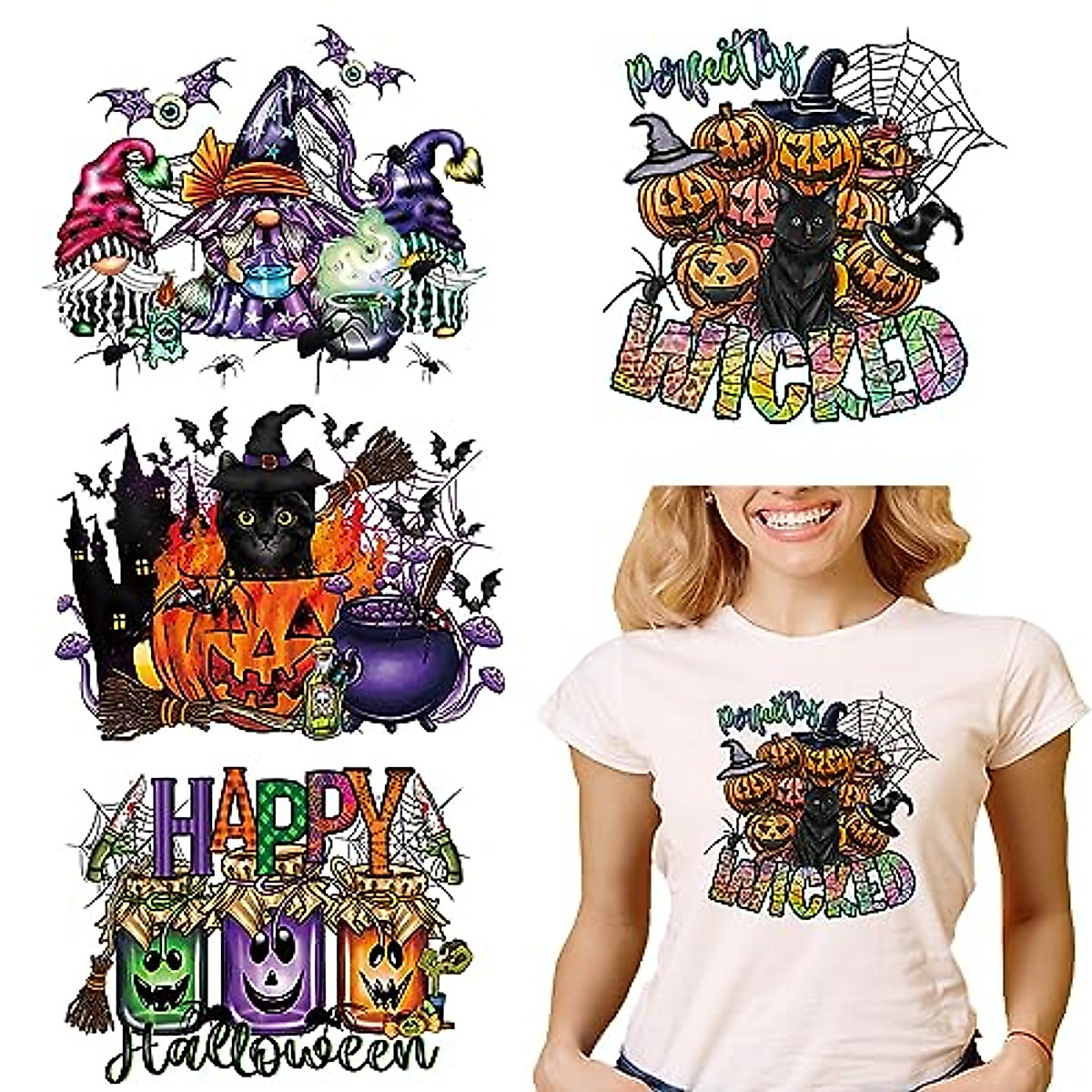 4 Sheets Halloween Iron on Patches Pumpkin Bat Iron on Transfer Stickers Cute Design Heat Transfer Vinyl Decals with Black Cat Skull Spider Web Halloween Patches for Clothes Shirts Bag Craft DIY Decor