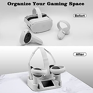 VR Charging Station for Oculus/Meta Quest 2, Charging Dock Stand Set with 2 Rechargeable Batteries(Support Elite Strap), Magnetic Charging Headset and Touch Charging Controller, USB-C Charger Cable