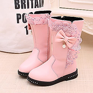 Lykmera Lace Boots for Baby Girl Fashion Winter Boots for Girl Kids Boots Shoes Princess Knee Bowkont Shoes Slip on Boots (Pink, 10.5-11 Years Big Kids)