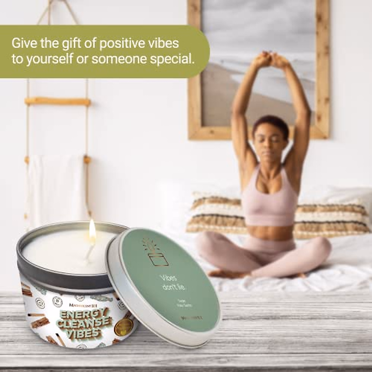 Magnificent 101 Energy Cleanse Vibes 6-oz. Candle in Tin Holder; 100% Natural Soy Wax with Sage & Palo Santo Essential Oils for Aromatherapy, Smudging, Meditation, Home Energy Cleansing; Great Gift