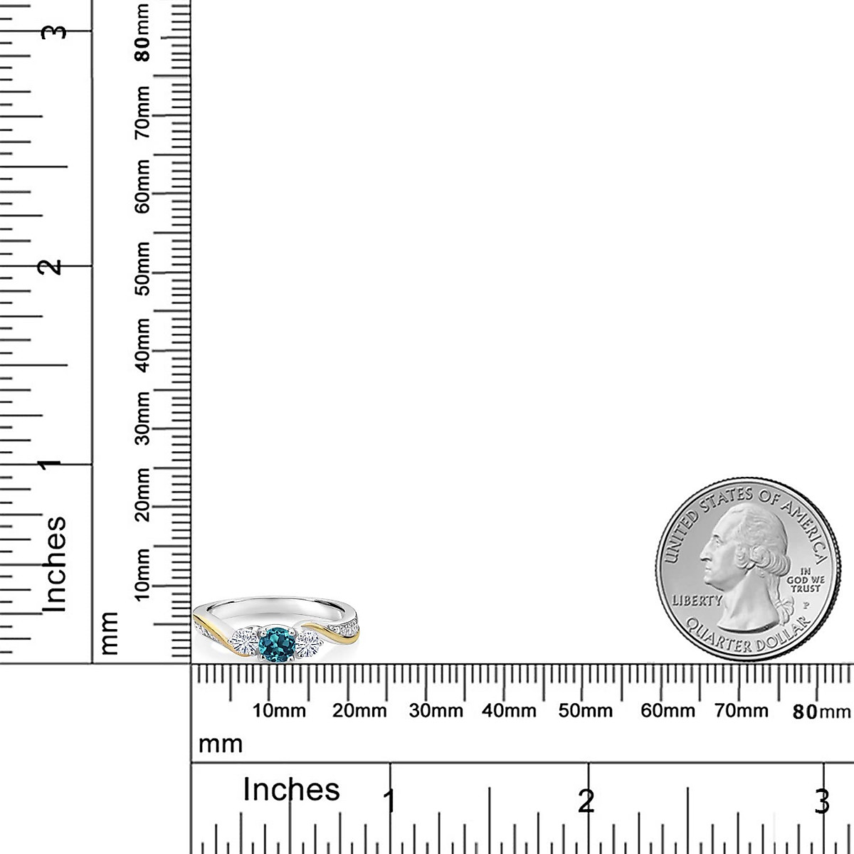 925 Silver and 10K Yellow Gold London Blue Topaz Moissanite from Charles & Colvard and Lab Grown Diamond 3 Stone Engagement Ring For Women (0.56 Cttw, November Birthstone, Size 9)
