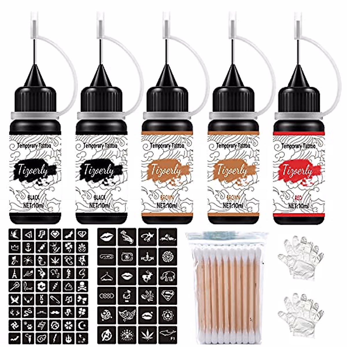 Temporary Tattoos Kits, Semi Permanent Tattoos, DIY Fake Freckles Temporary Tattoos for Women Men Kids Party,Summer Trend hand Ink with 78 Pcs Tattoo Stencils,Jagua Gel - Full Kit 5 Bottles