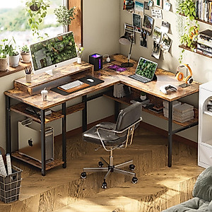 Unikito L Shaped Computer Desk with Magic Power Outlets and Smart LED Light, Sturdy Reversible Corner Desk with Monitor Stand & Storage Shelves, Home Office Work Desk, Easy to Assemble, Rustic