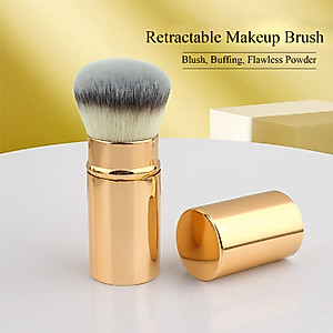 QiBusLeen Retractable Kabuki Foundation Makeup Brush Travel Blush Brush Flat Top Kabuki Face Blush Liquid Powder Foundation Brush for Blush, Buffing, Highlight, Contour, Flawless Powder Cosmetics (Gold)