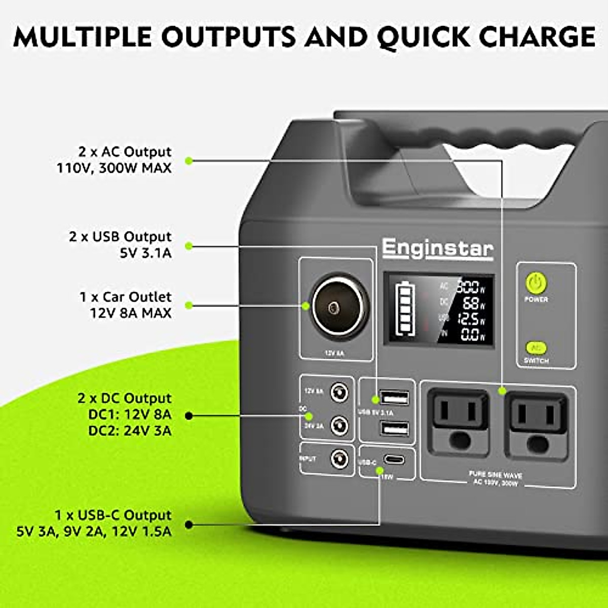 Portable Power Station 300W EnginStar Solar Generators 80000mAh Power Bank 296Wh Battery Pack w/110V Pure Sine Wave AC Outlet for CPAP Camping Outdoors Travel Hunting Emergency Power Supply