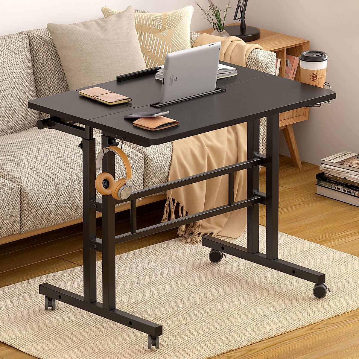 SogesPower 2 Platforms Mobile Laptop Desk Adjustable Side Table Computer Stand for Bed Sofa,Mobile Standing Desk with Cup Holder and Hooks,Black
